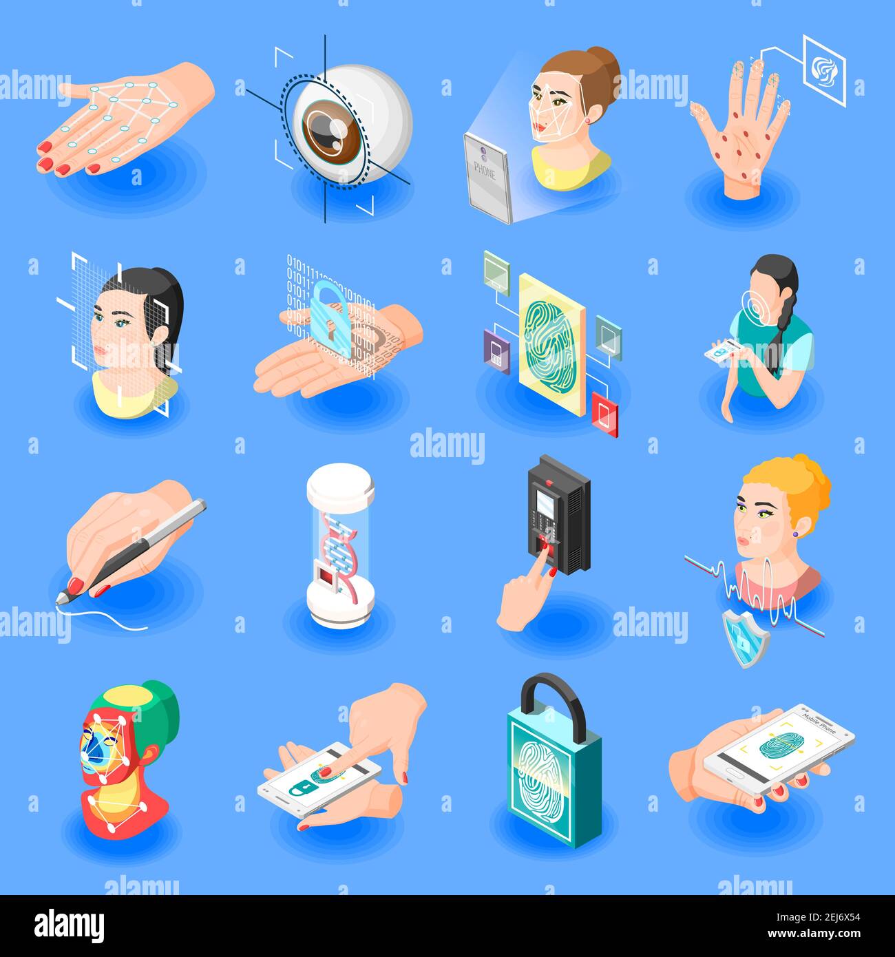 Biometric ID isometric icons set of face recognition identification by eye iris fingerprint ...