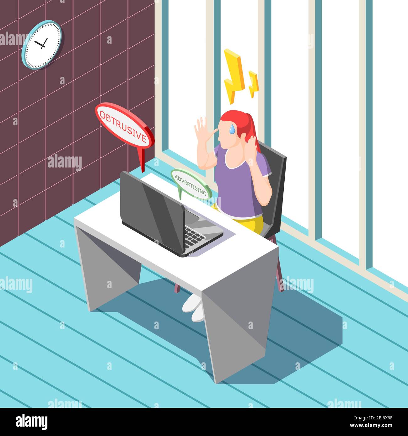 Annoying advertisement isometric background including woman with ...