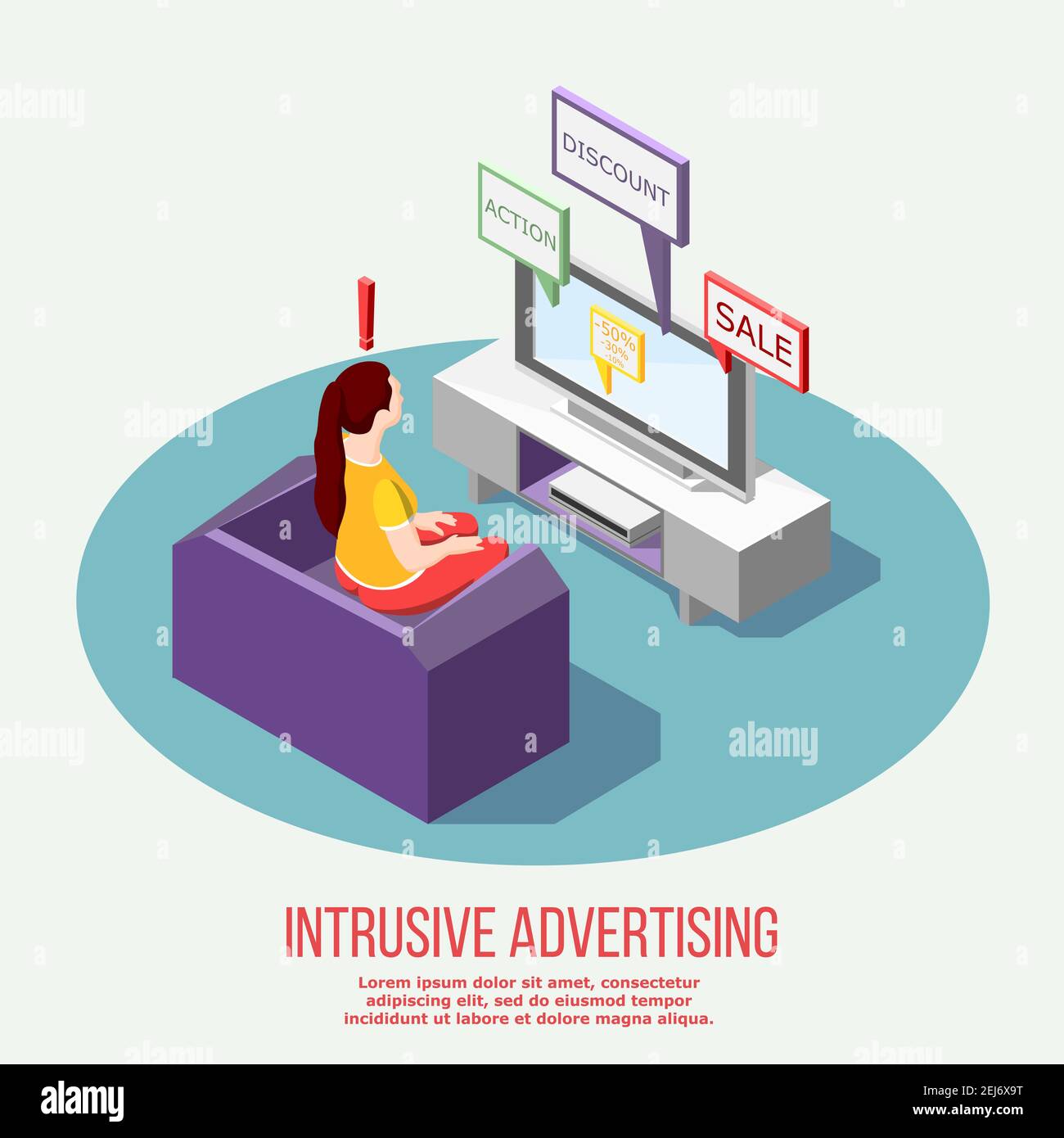 Annoying advertisement isometric composition with woman on sofa and ...