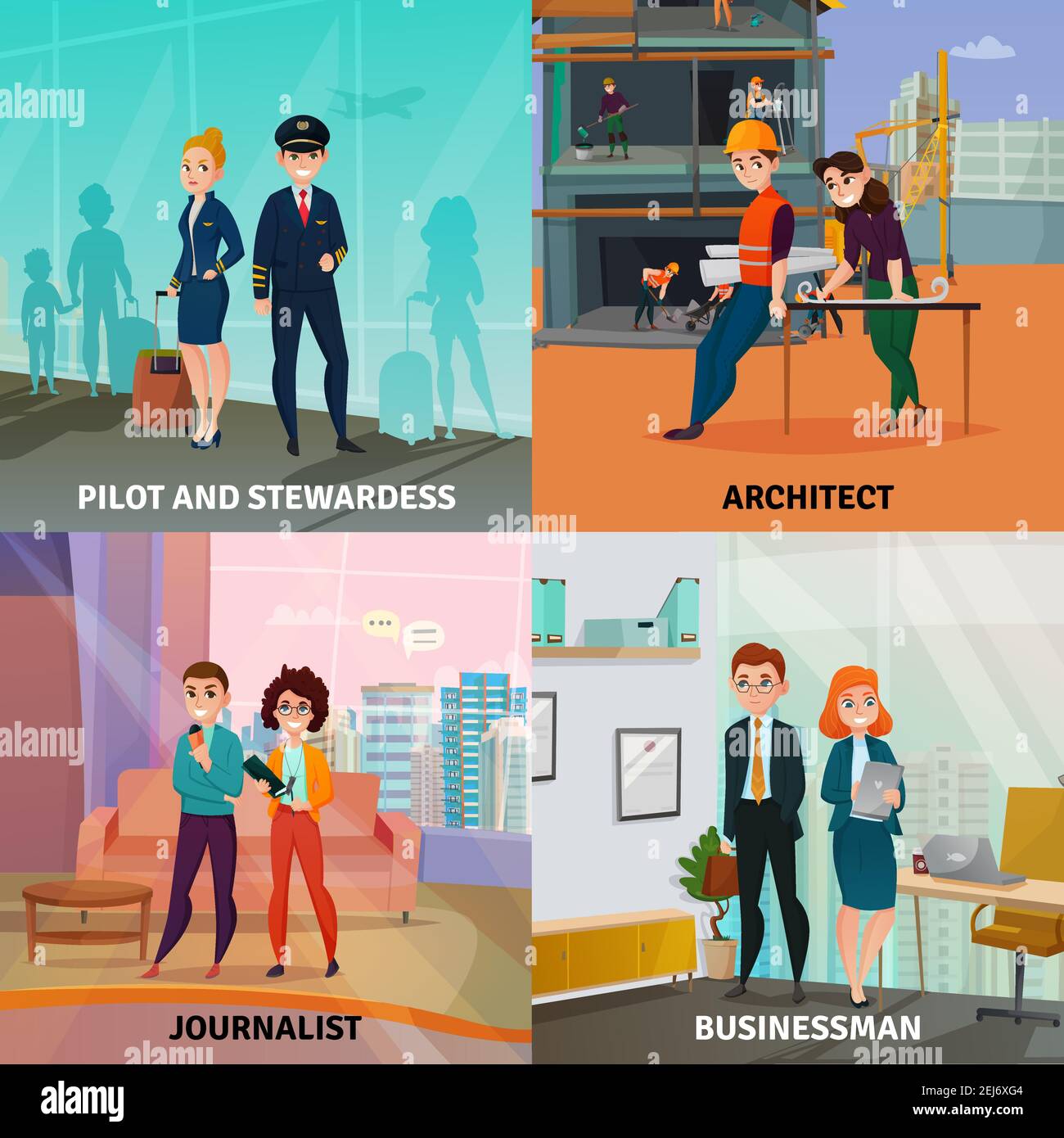 Different professions concept set of four compositions with cartoon ...