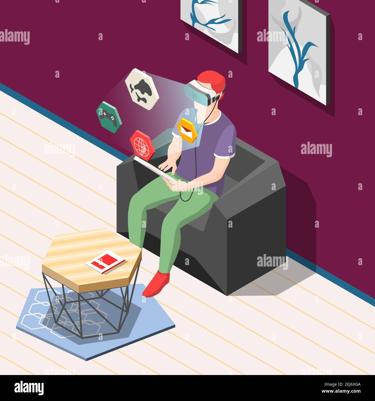 Man in vr headset in chair, icons set with computer game, internet ...