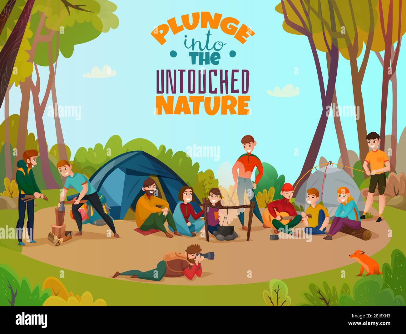 Camping people poster doodle style composition with group of human ...