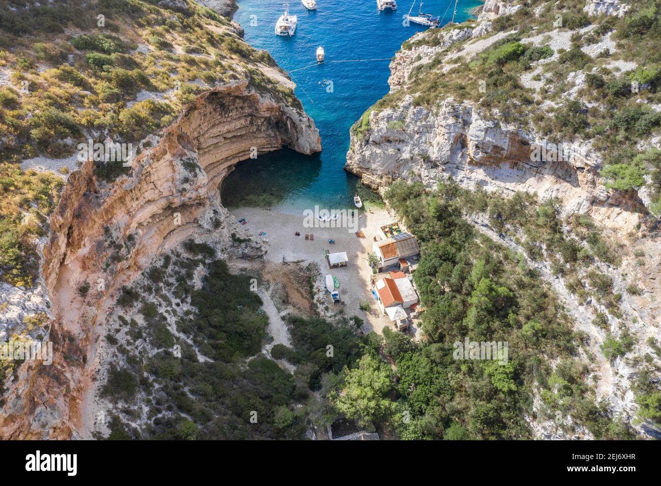 Aerial drone shot of iconic Stiniva cove beach of Adriatic sea on Vis ...