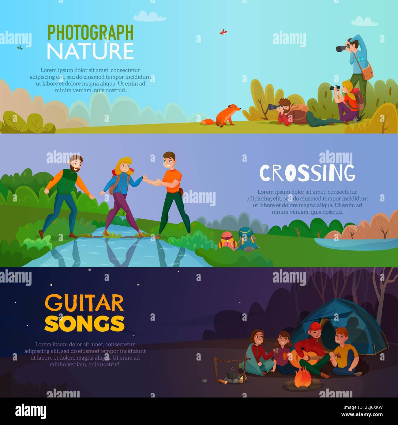 Camping people horizontal banners set with flat adventure landscapes ...