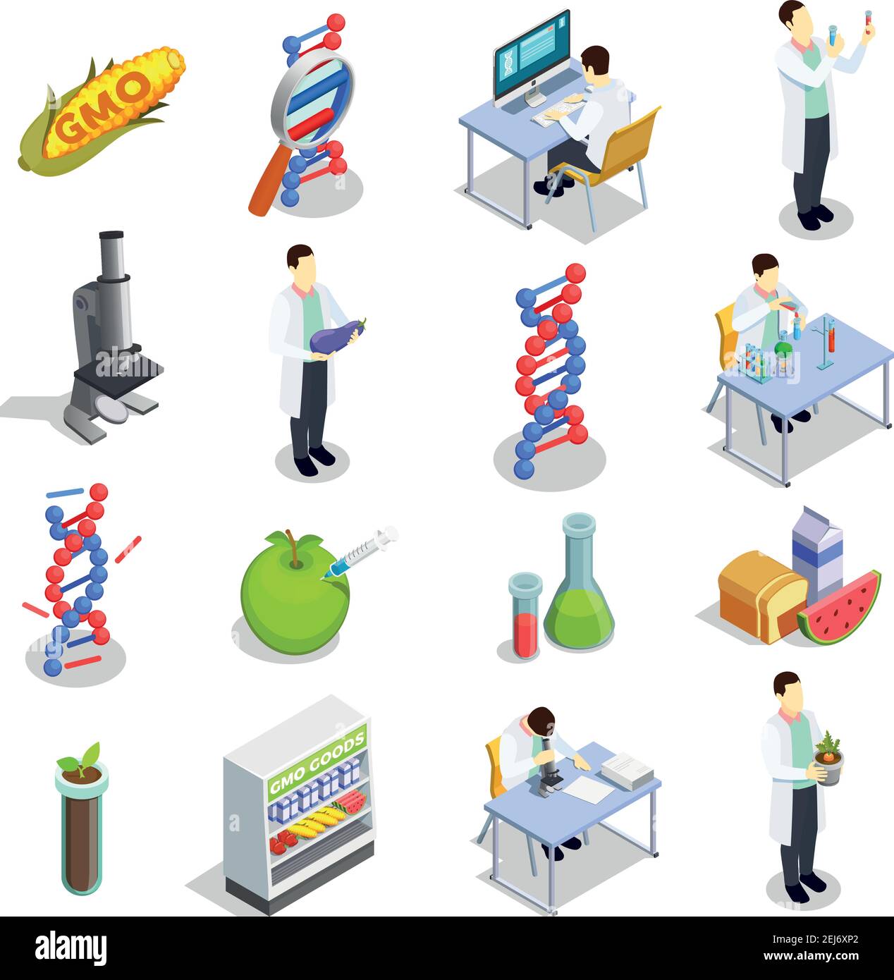 Genetically modified organisms set of isometric icons with dna research, gmo goods, scientific ...