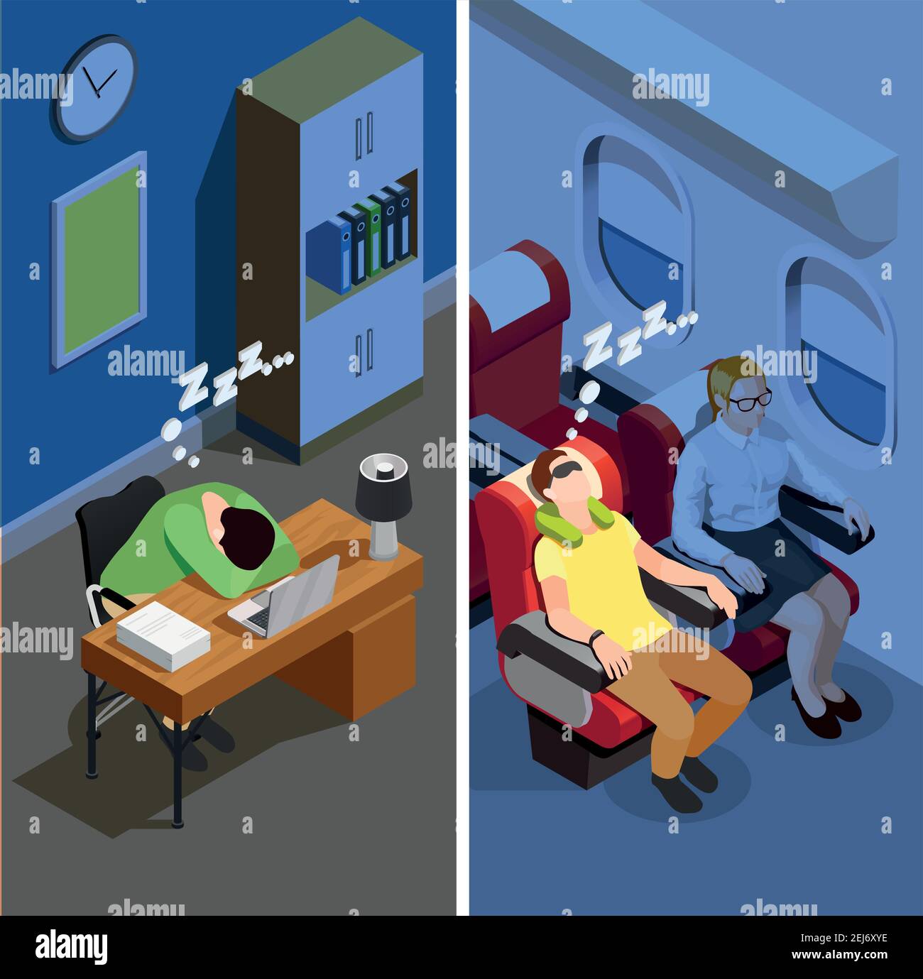 Set of isometric vertical banners with sleep during computer work and ...