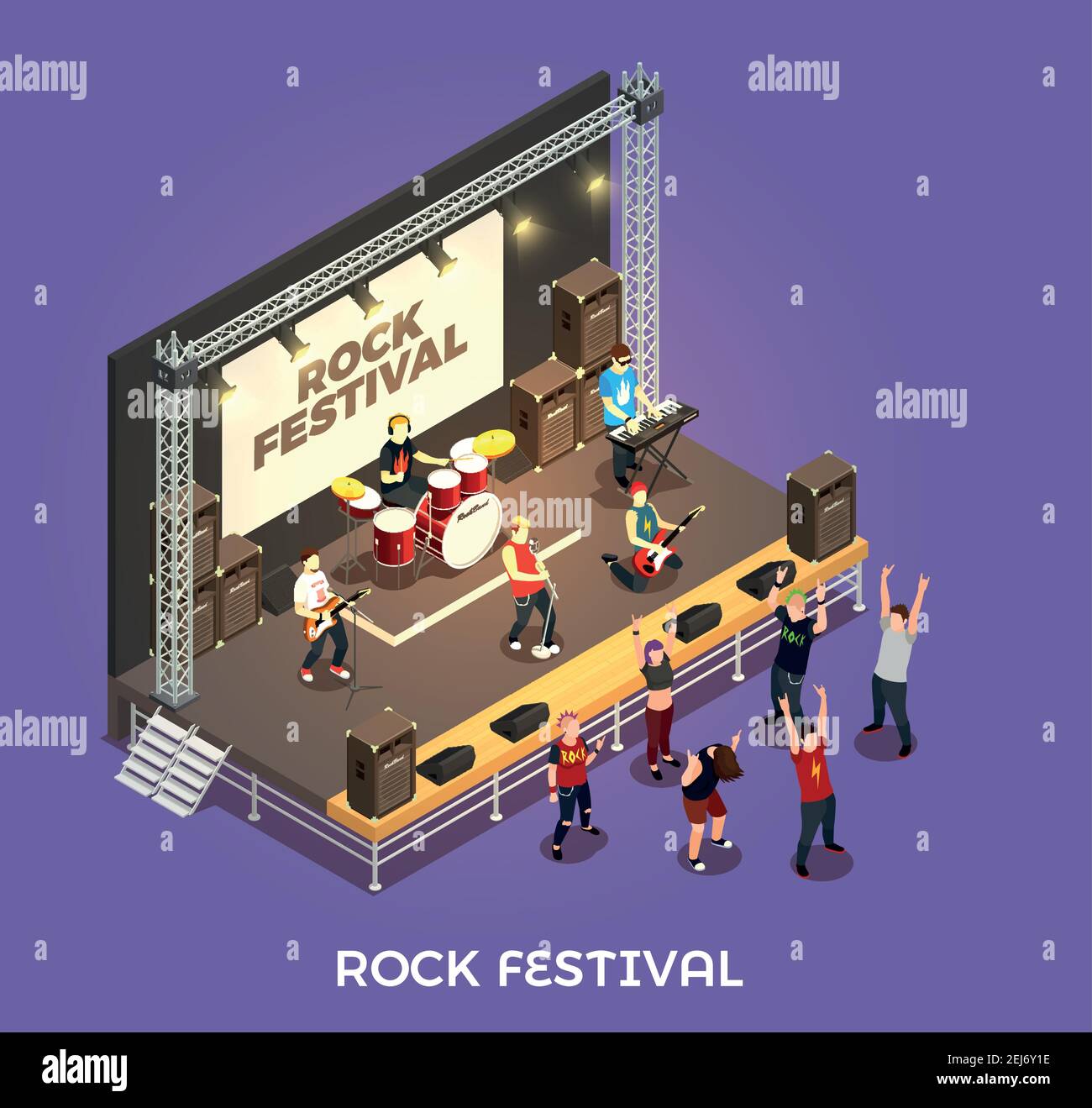 Rock festival isometric composition on purple background with musicians ...