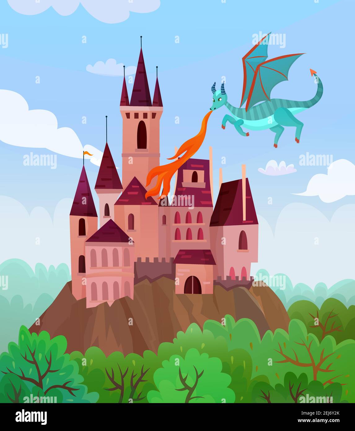 Fairy dragons composition with flat cartoon style images of flying fire ...