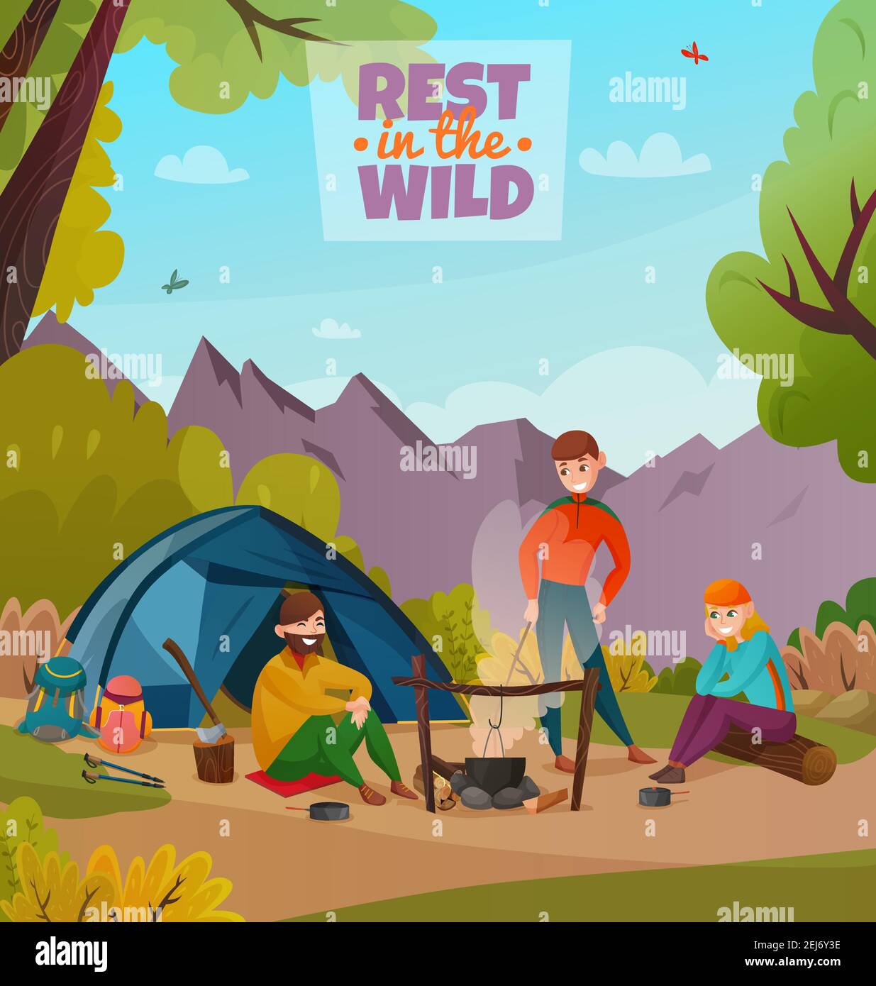 Camping people illustration with three human characters having outdoor ...