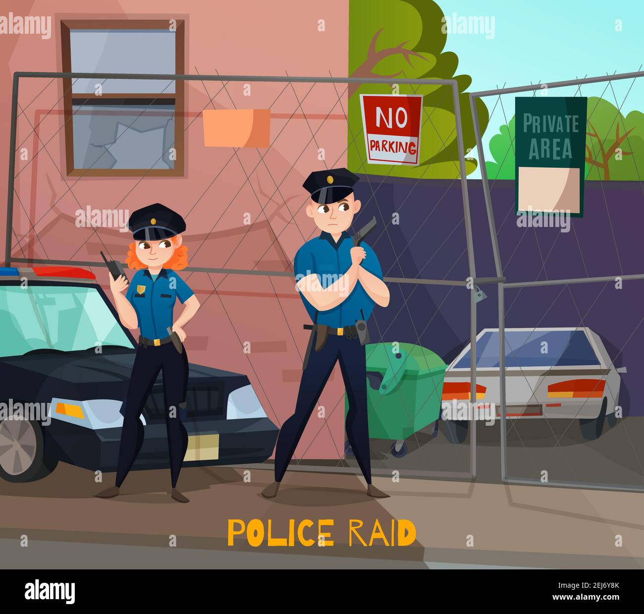Police profession composition of cartoon urban scenery and two human ...