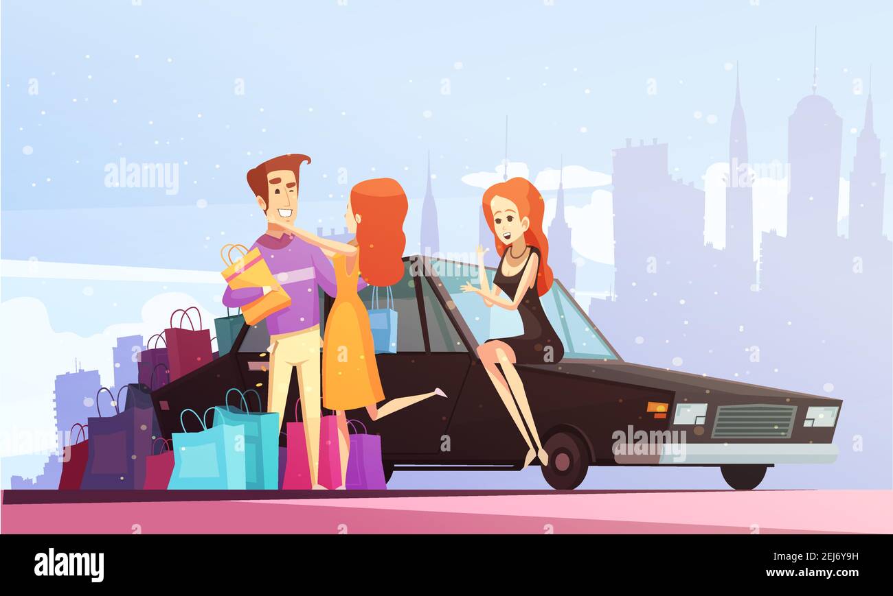 Shopping cartoon city background with man came with his car to meet ...