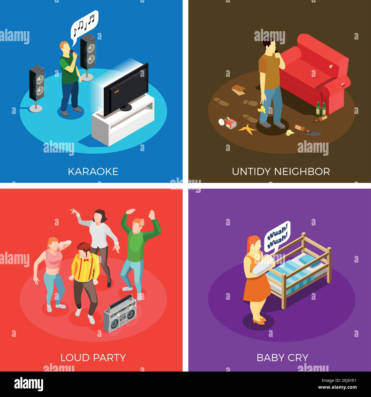 Neighbors relations isometric design concept with karaoke, untidy ...