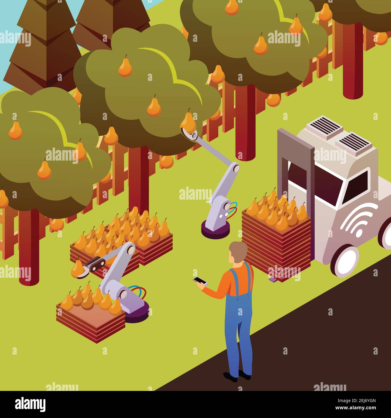 Agricultural robots isometric composition with outdoor scenery and pear ...