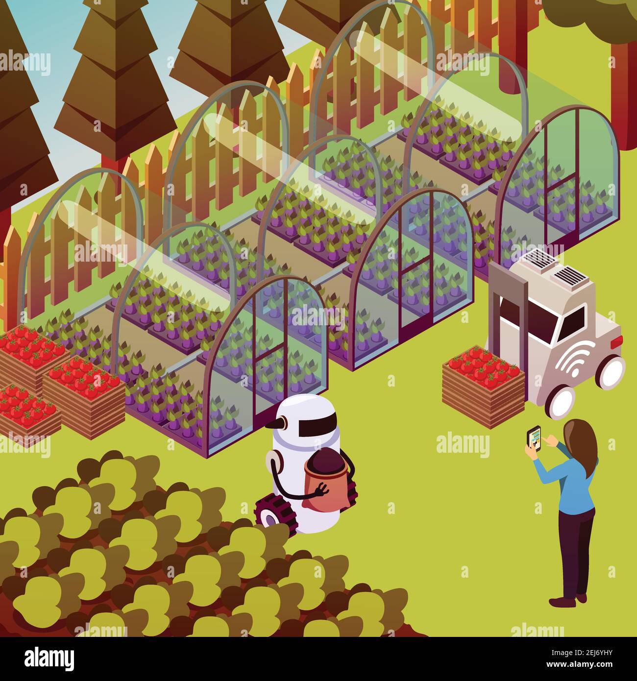 Agricultural robots isometric composition with outdoor farm landscape ...