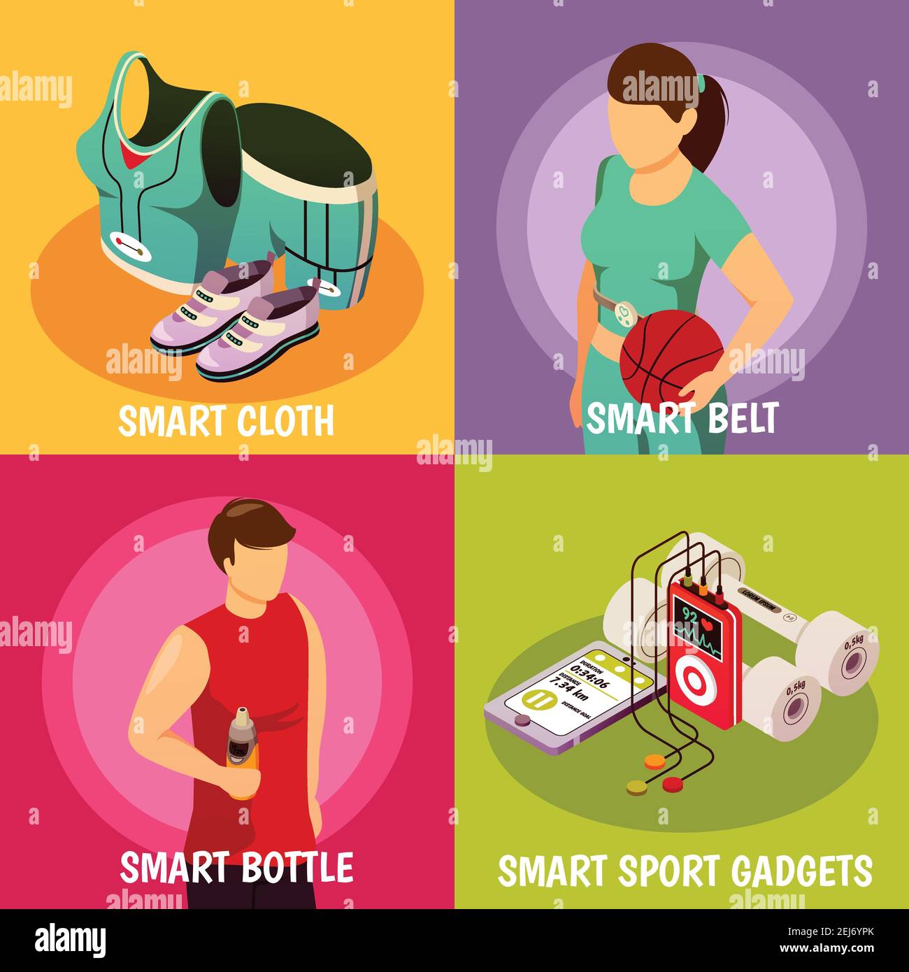 Wearable smart sport gadgets accessories clothes 4 isometric icons ...
