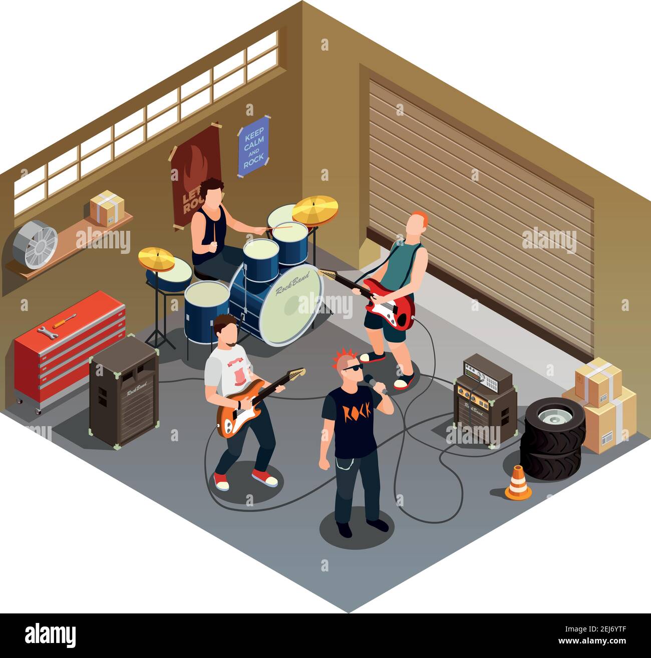 Garage band isometric composition with rock musicians and instruments ...