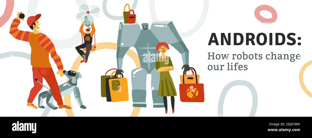 Robots change life, automatic devices with various duties, header on ...