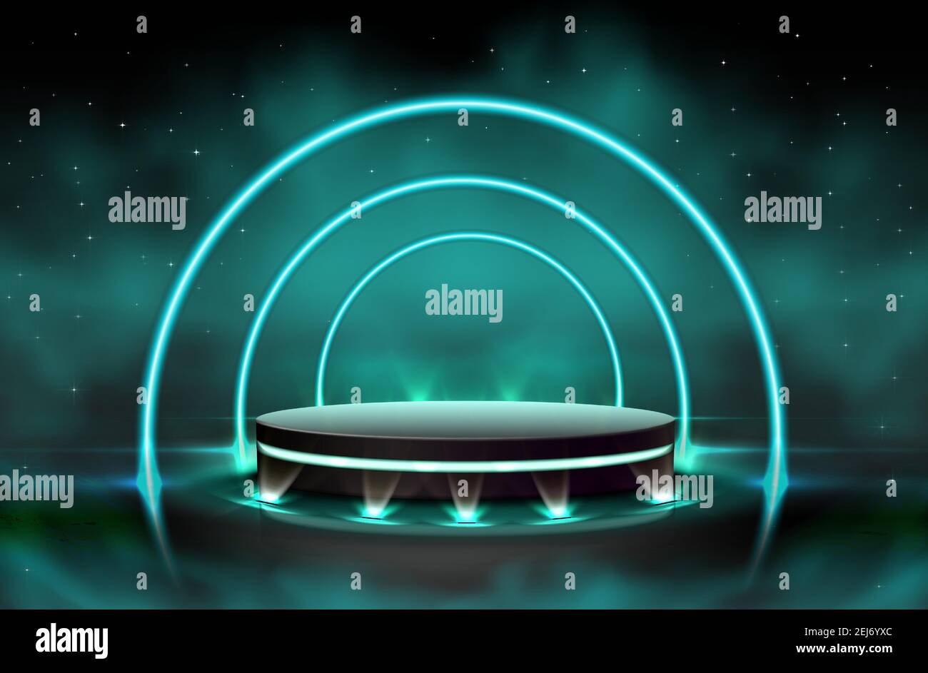 3d realistic vector neon luminous black stage with spot lights around ...