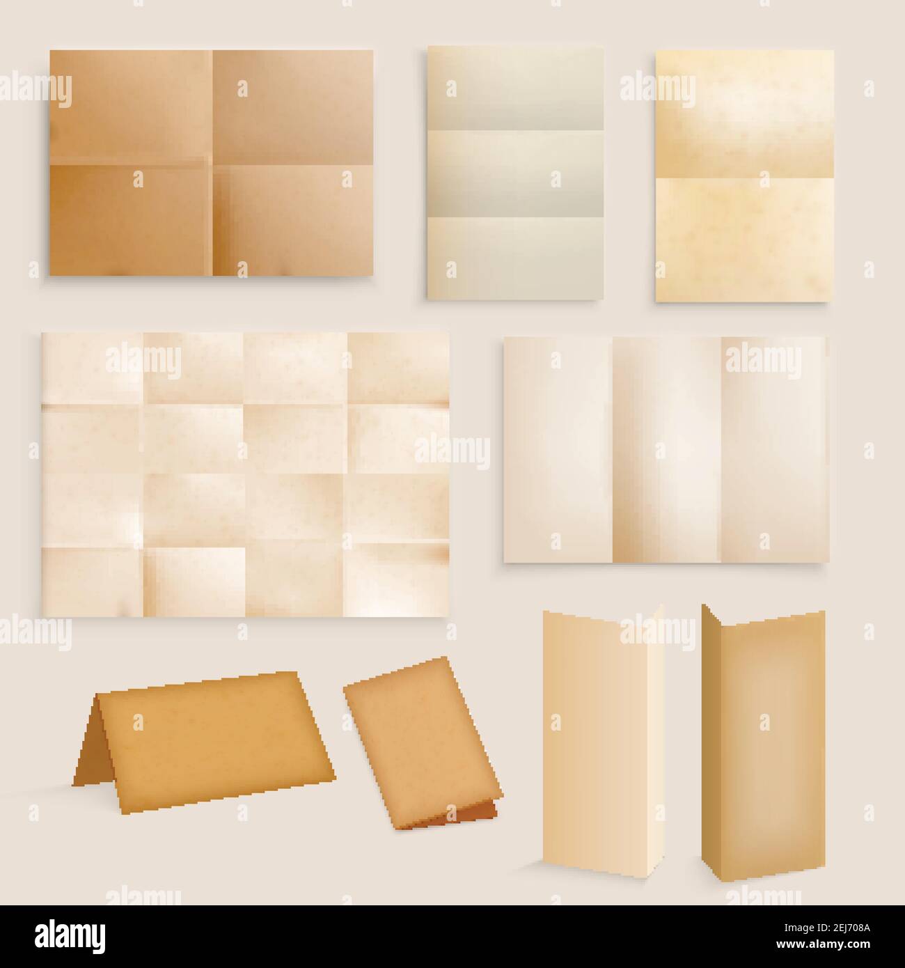 Vintage folded paper realistic set with isolated images of rubbed brown ...