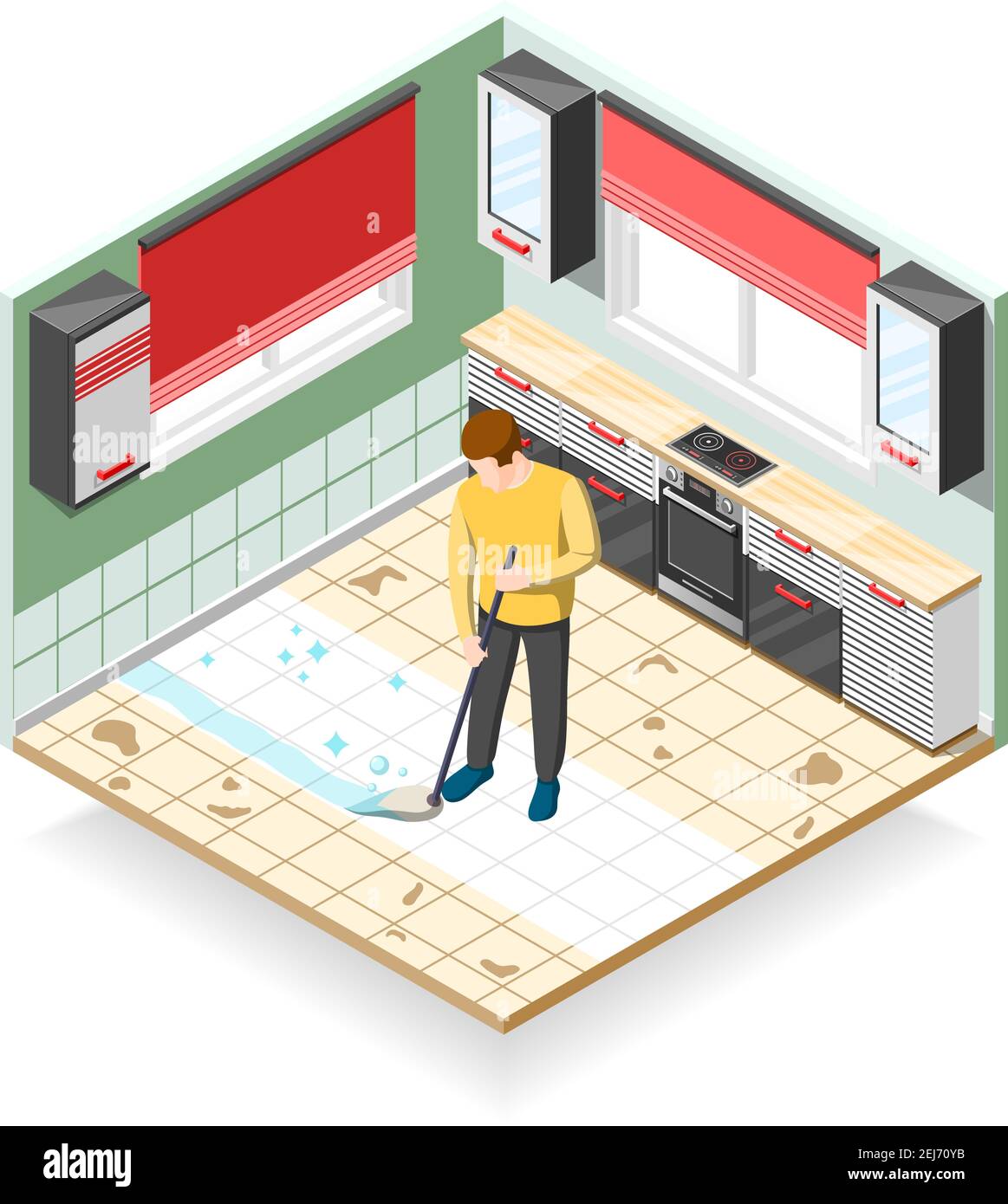 Home cleaner isometric composition with man during mopping dirty floor ...