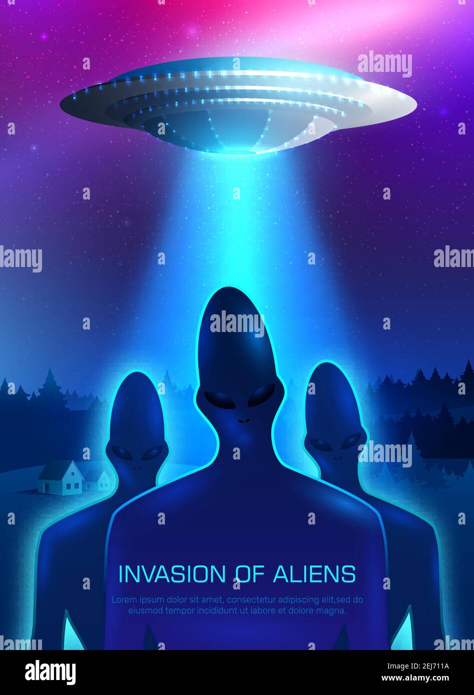 Alien invasion with spaceship lights and humanoids symbols realistic ...