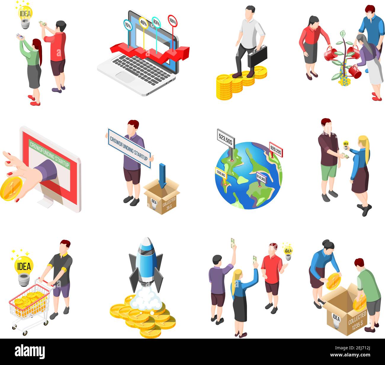 Set of isometric icons with creative idea, crowdfunding startup ...