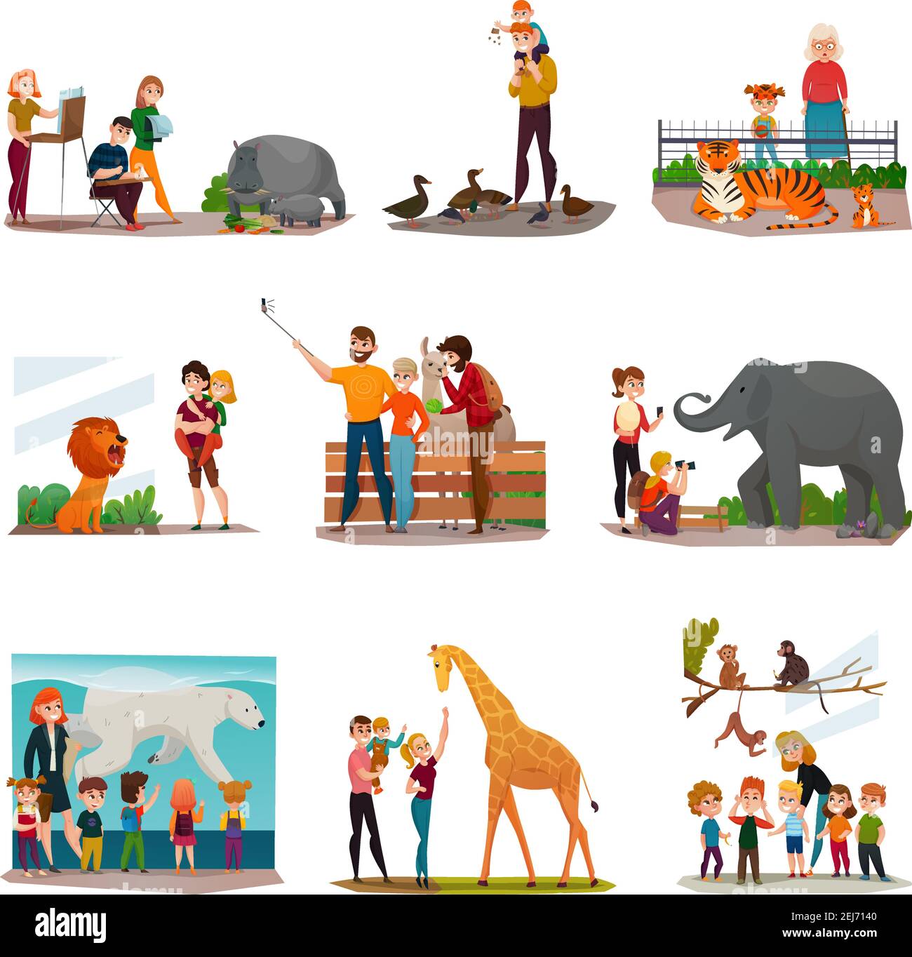 Zoo icons set with visitors making selfie feeding ducks watching tigers ...