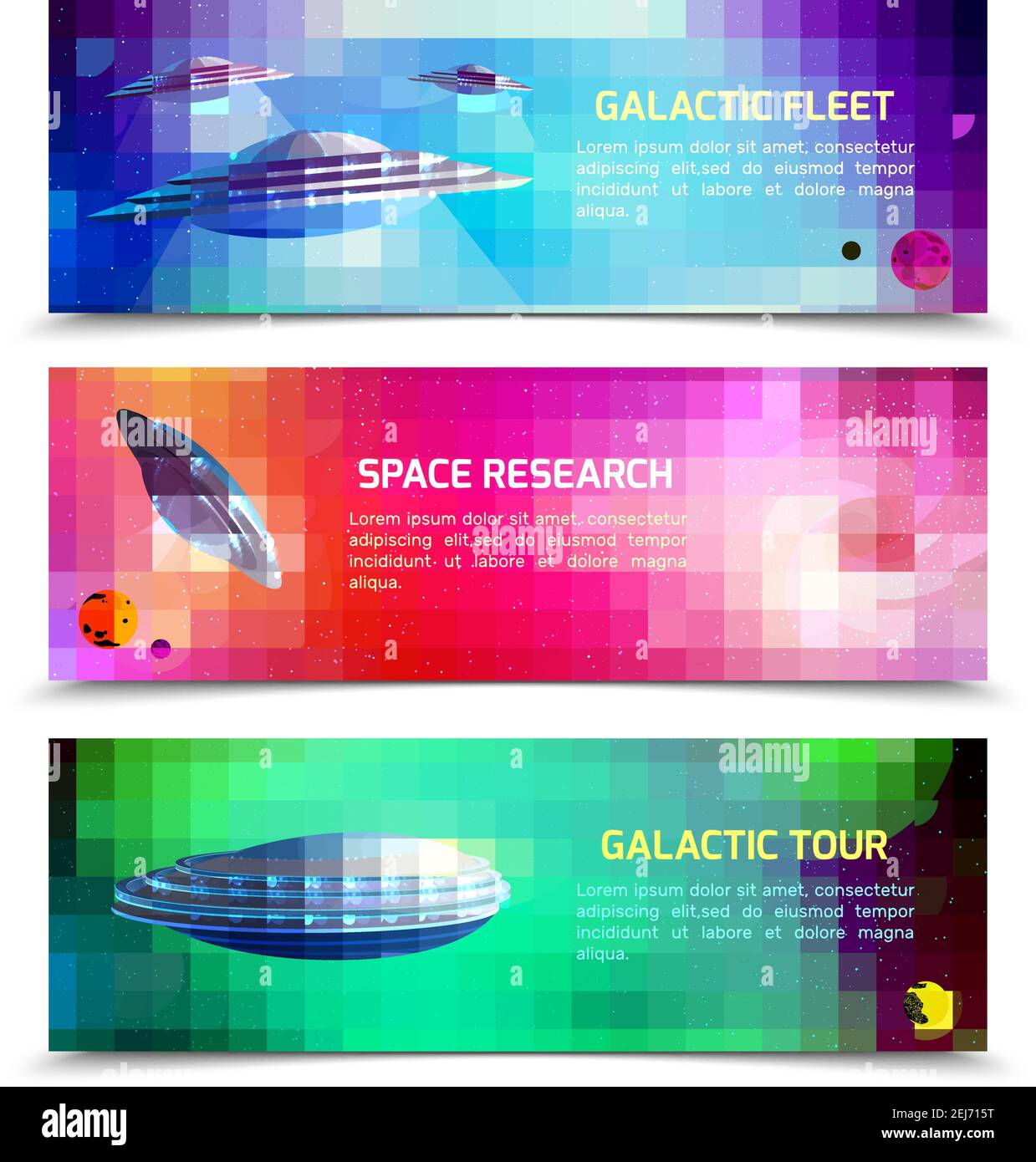 Alien spaceship set of horizontal banners with space research, galactic ...