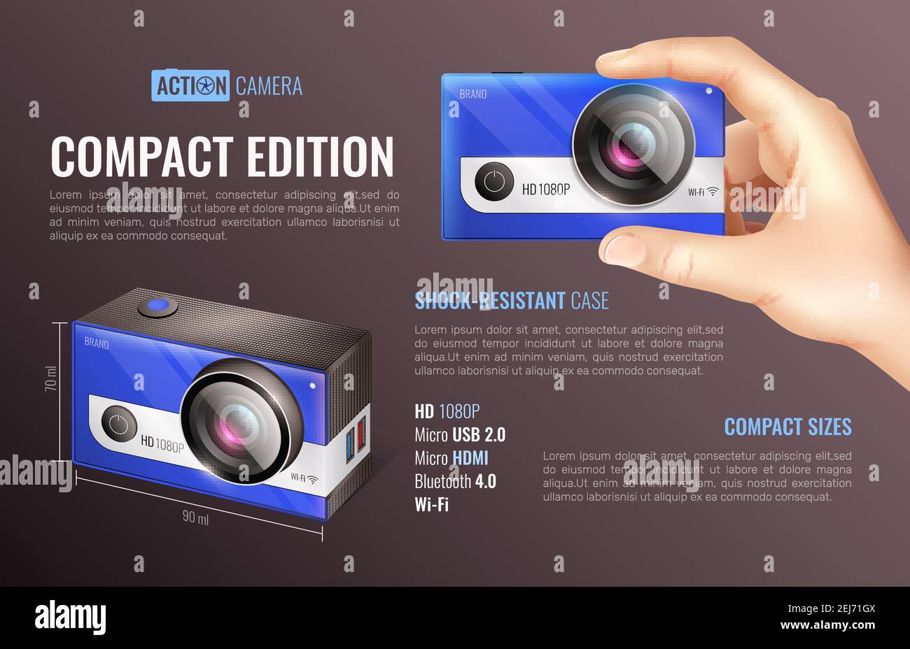 Action camera compact edition poster with compact size symbols ...