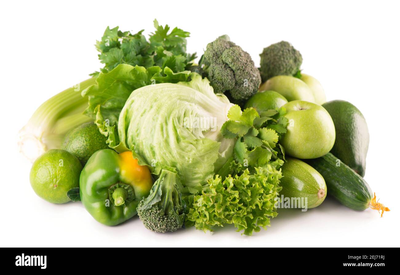 green fruits and vegetables on white background Stock Photo - Alamy