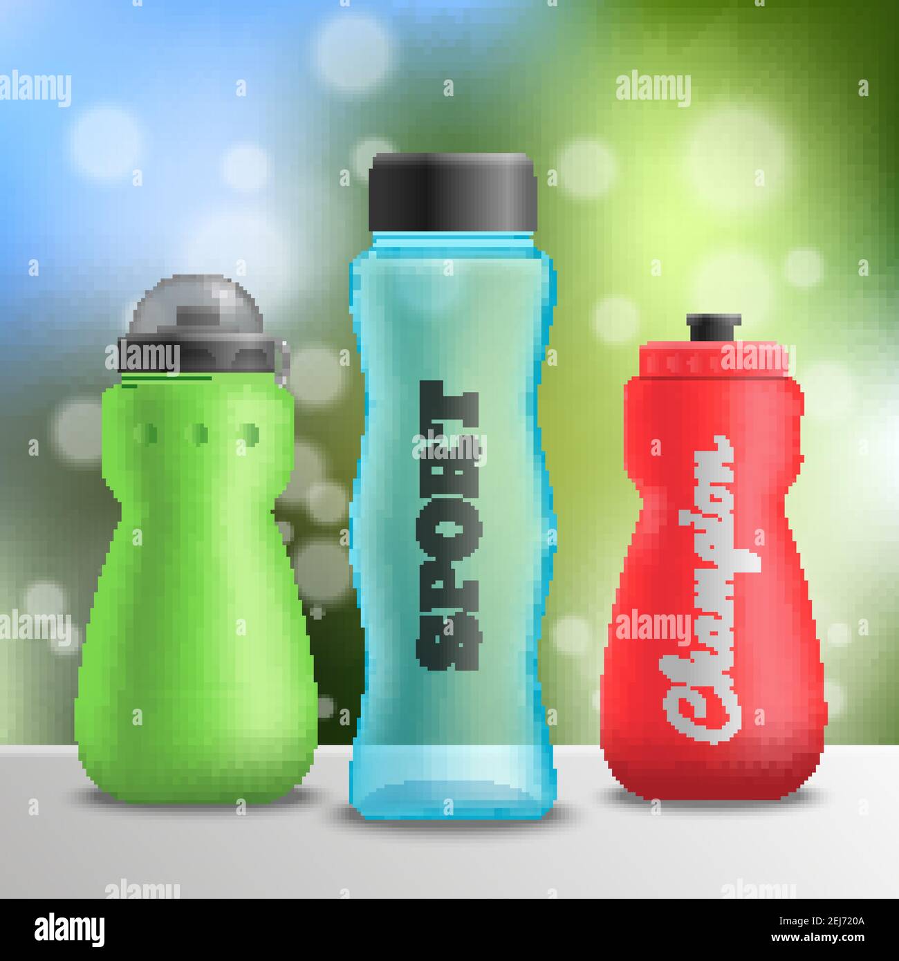 Fitness bottles realistic composition of three bottles on shelf surface ...