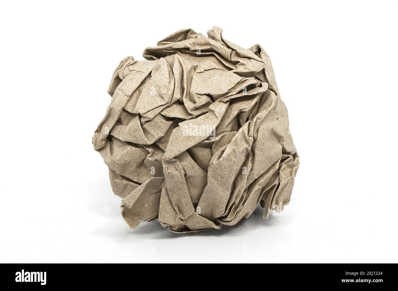 Crumpled piece of recycled paper on white background. Green waste Stock ...