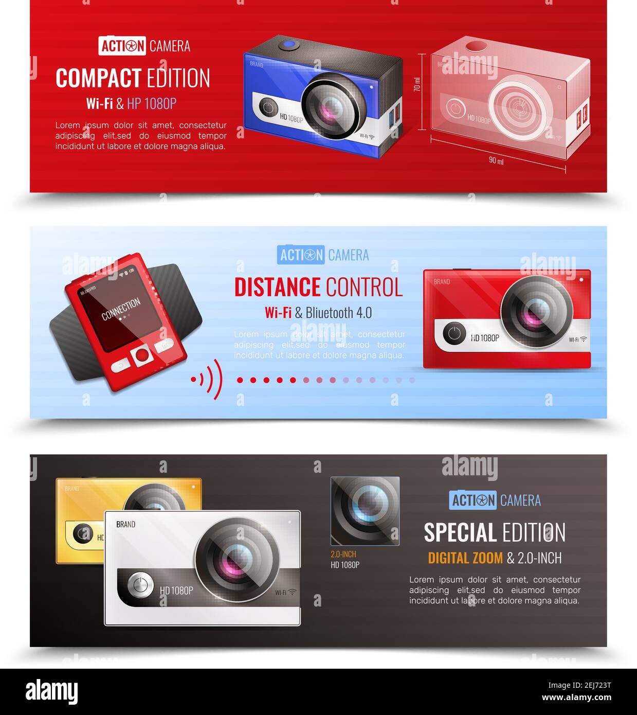 Action camera horizontal banners set with distance control symbols ...