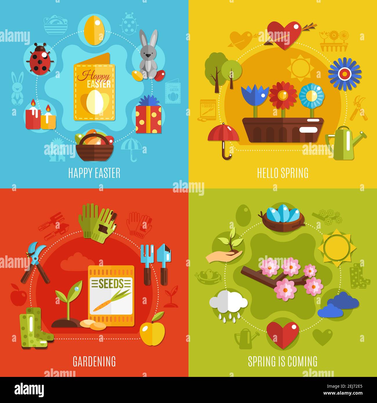 Spring easter holiday items blooming flowers and gardening tools 2x2 ...