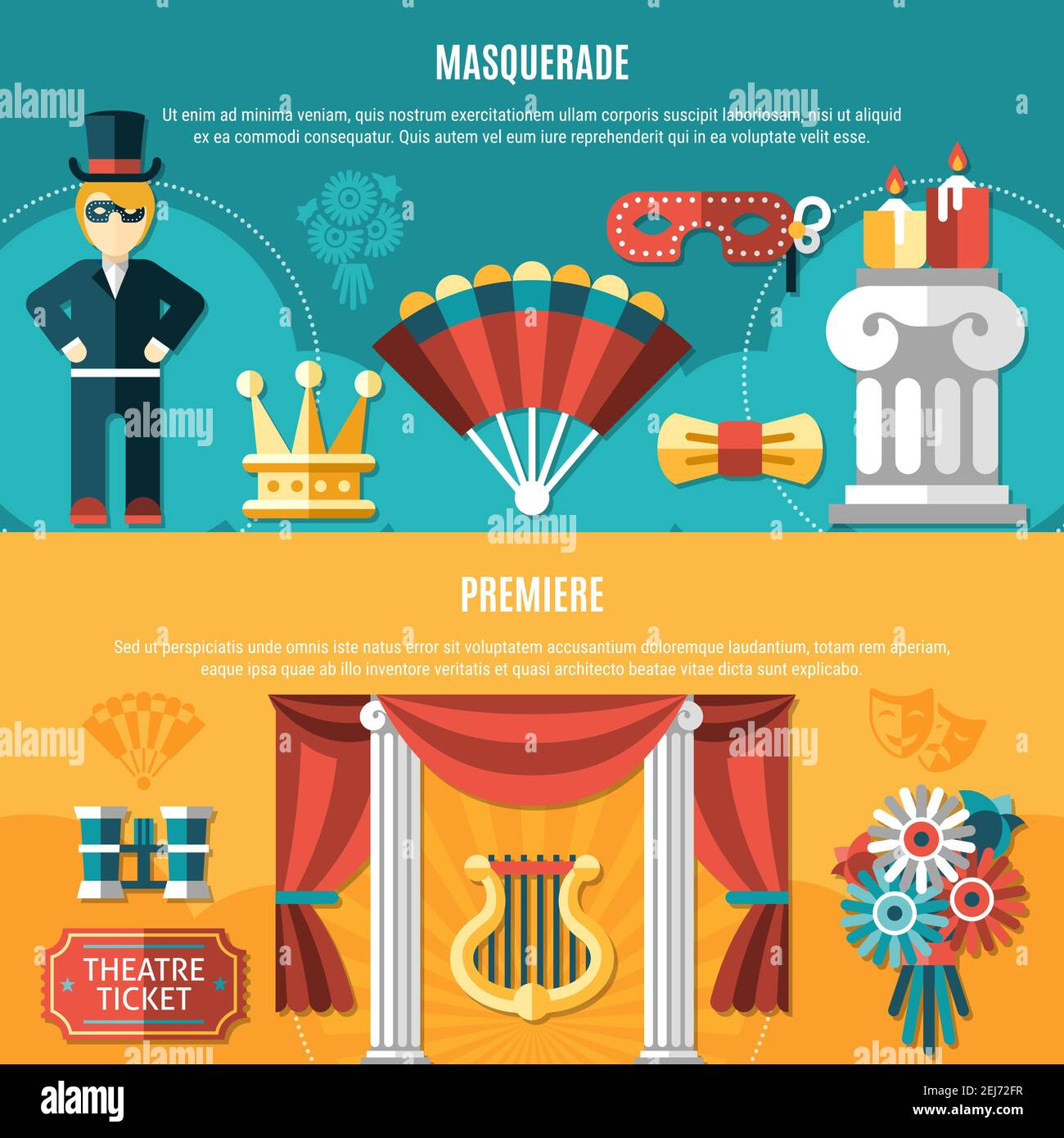 Two horizontal theatre flyer set with masquerade and premiere headlines ...