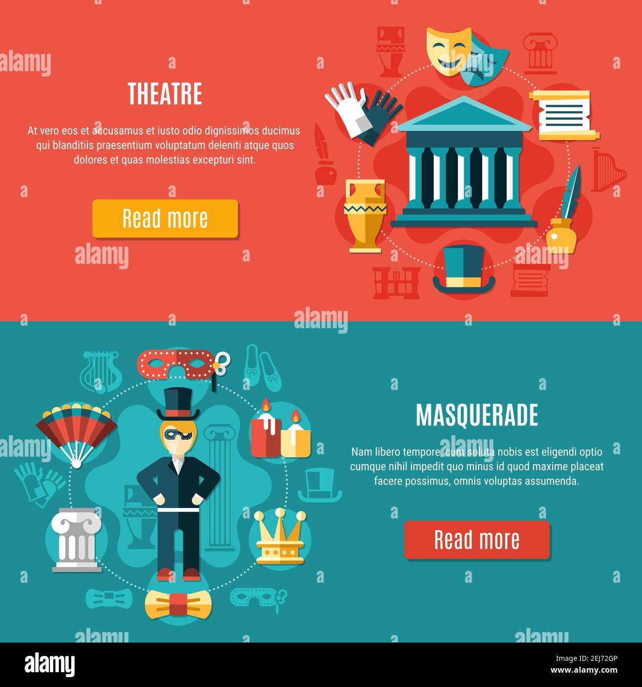 Two horizontal theatre banner set with masquerade and theatre headline ...