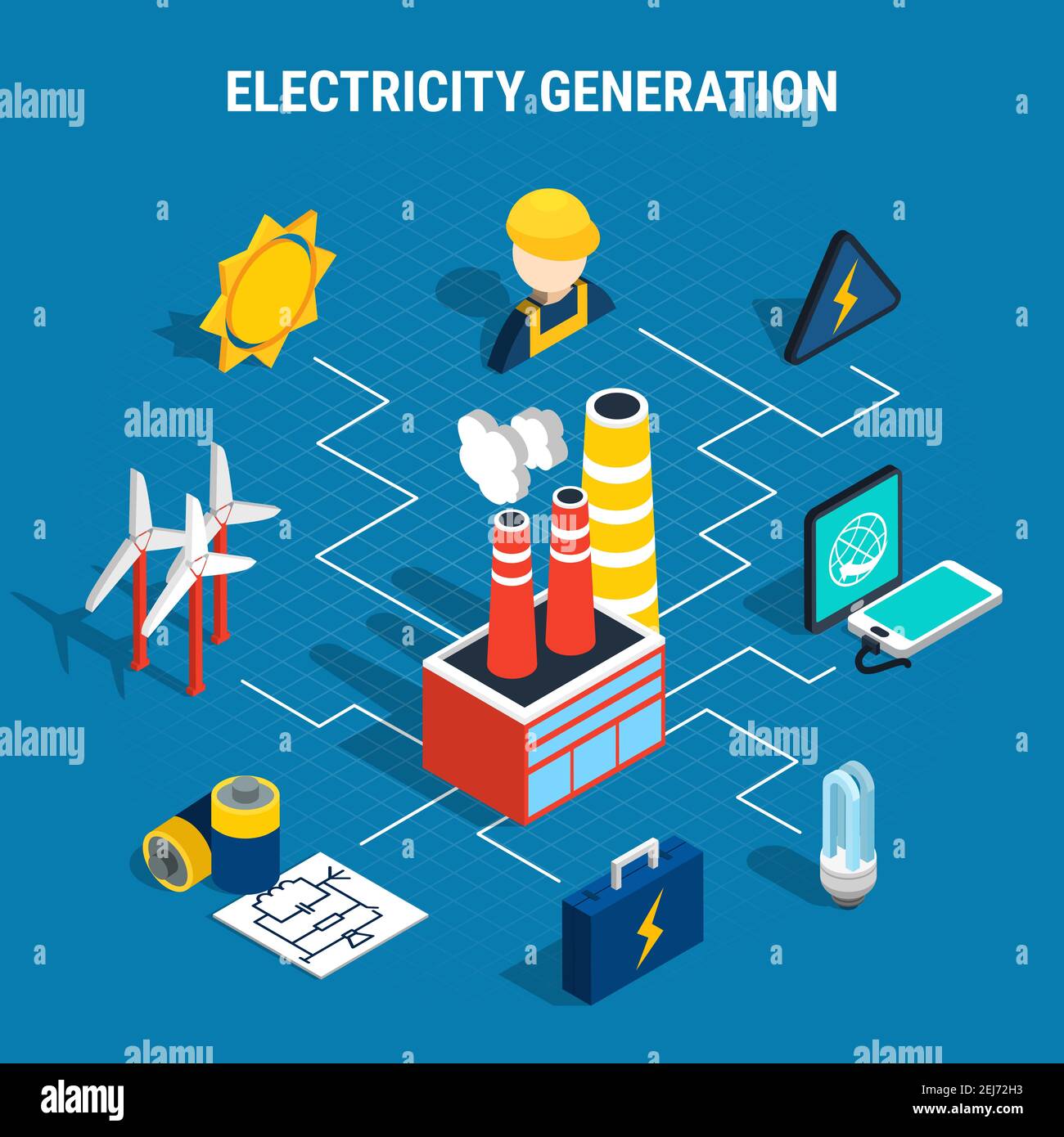 Colored isolated isometric electricity composition with electricity ...