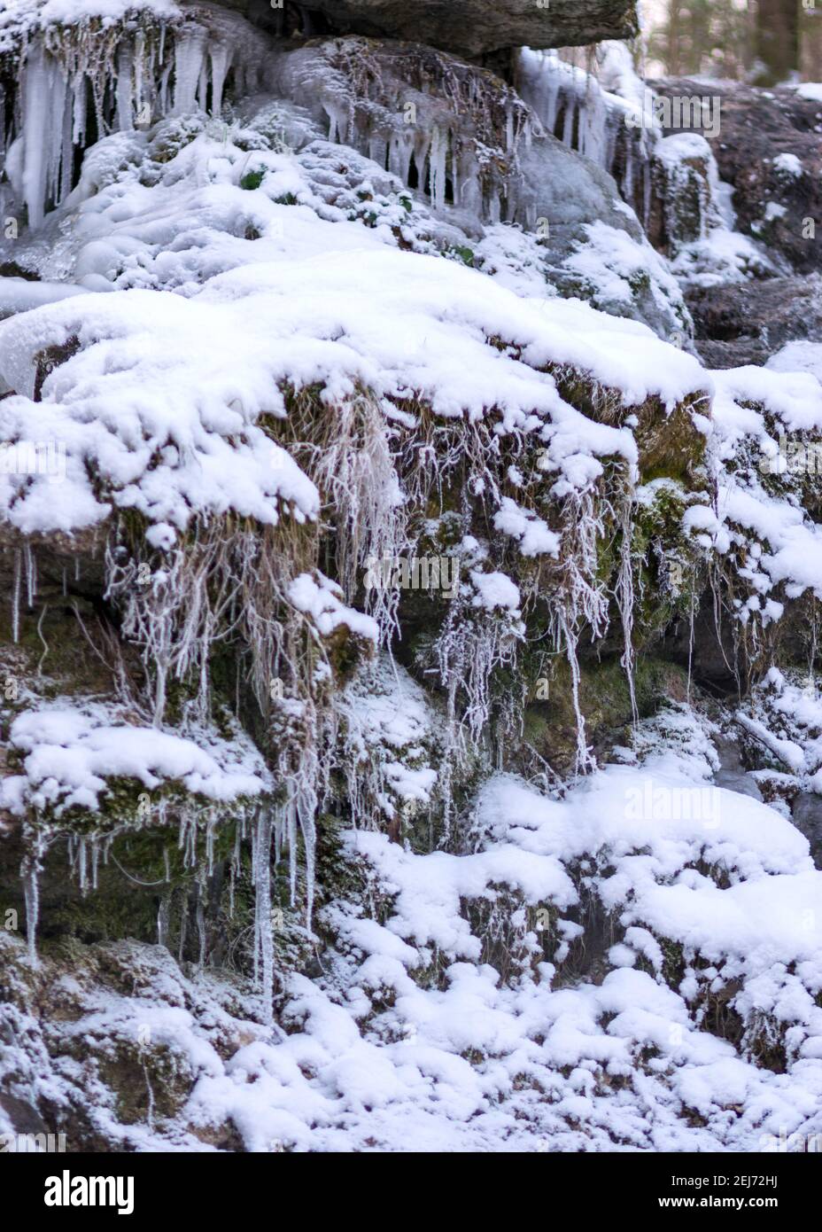 frozen fast flowing spring water, icy rocks and water stream, frosty ...