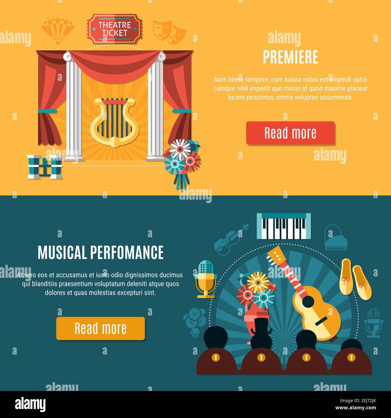 Theatre banner set with premiere and musical performance headline and ...