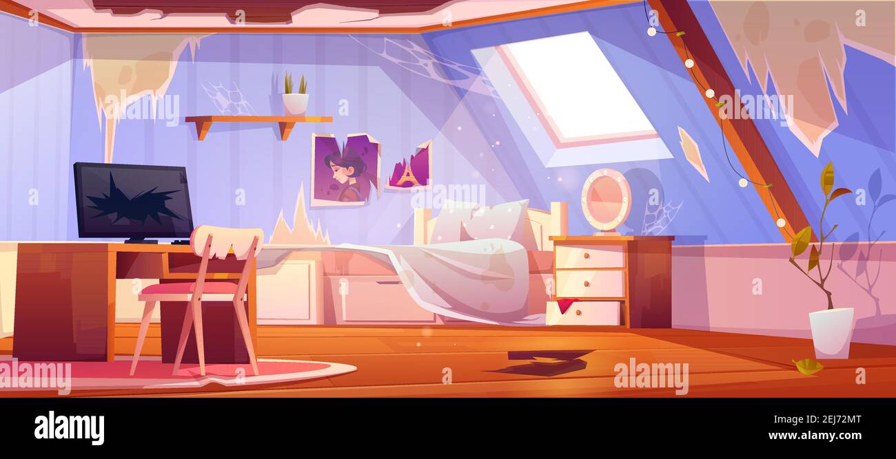Old dirty girl bedroom on attic. Vector cartoon interior of mansard ...