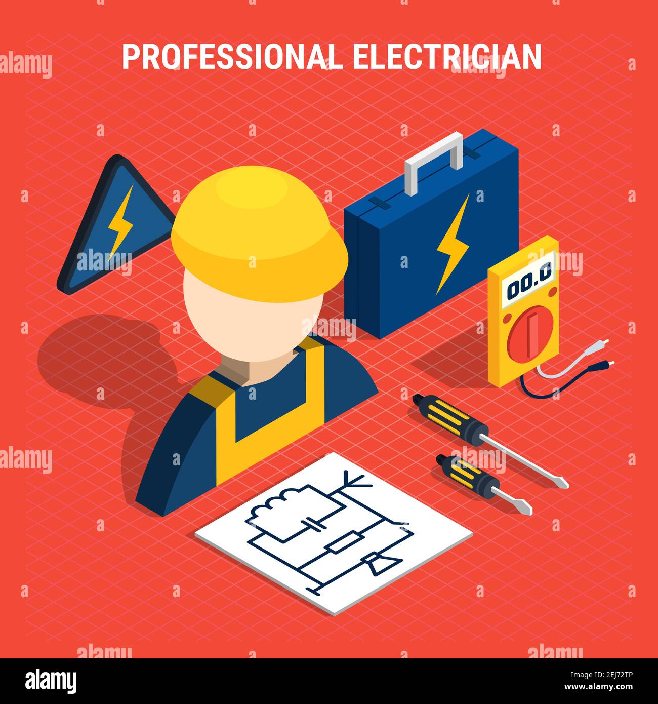 Red electricity isometric composition with professional electrician ...