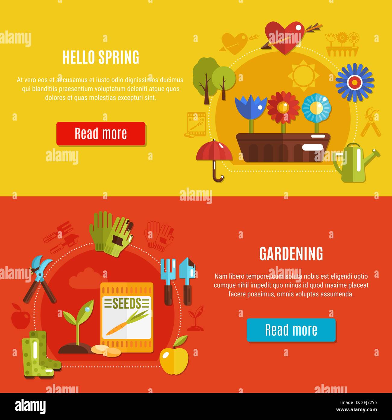 Horizontal spring banners with gardening tools flowers and sprouts on ...