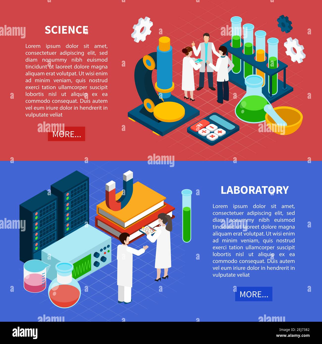 Science horizontal isometric banners set with laboratory symbols ...
