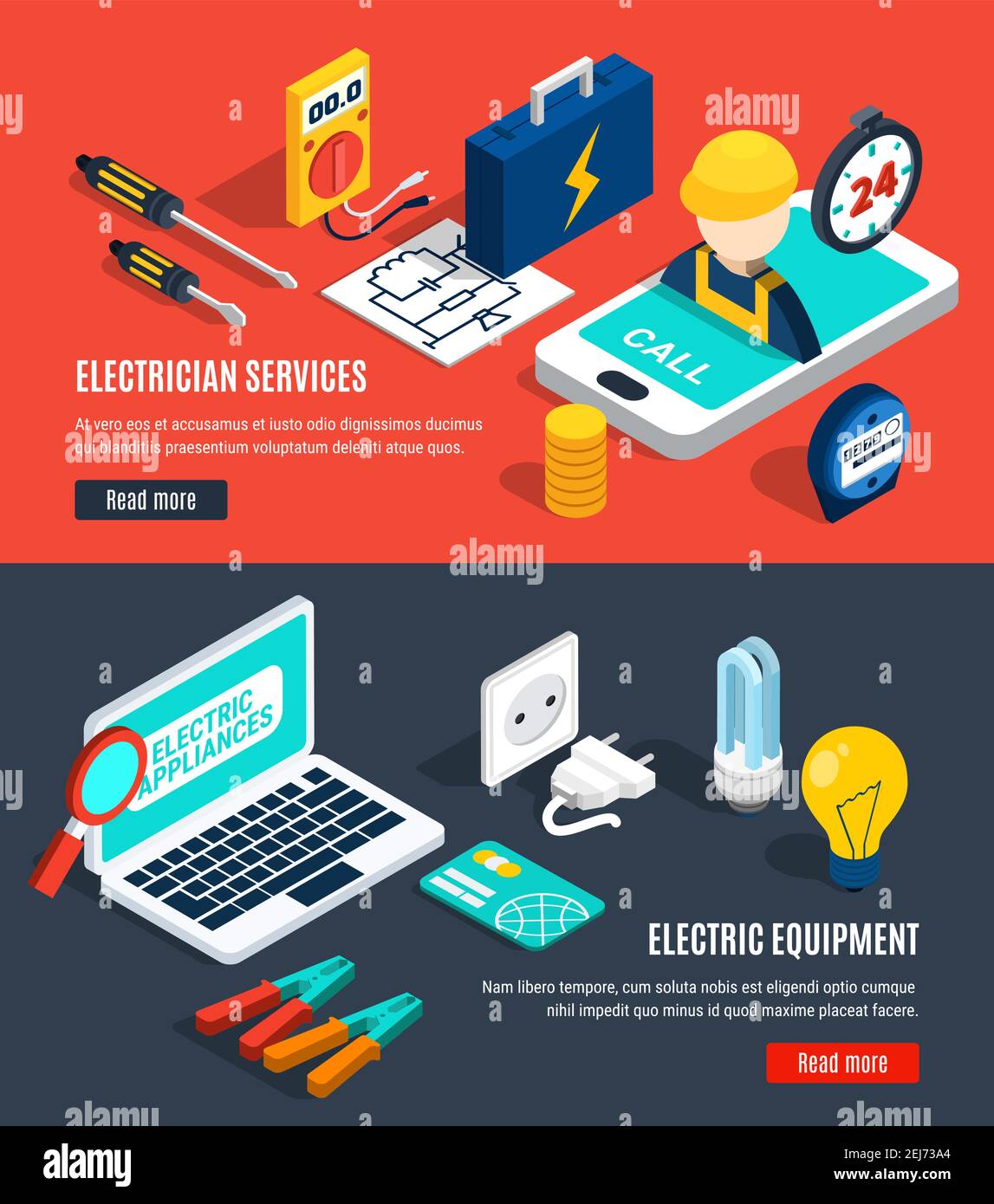 Electricity isometric banner set with electrician service and electric ...