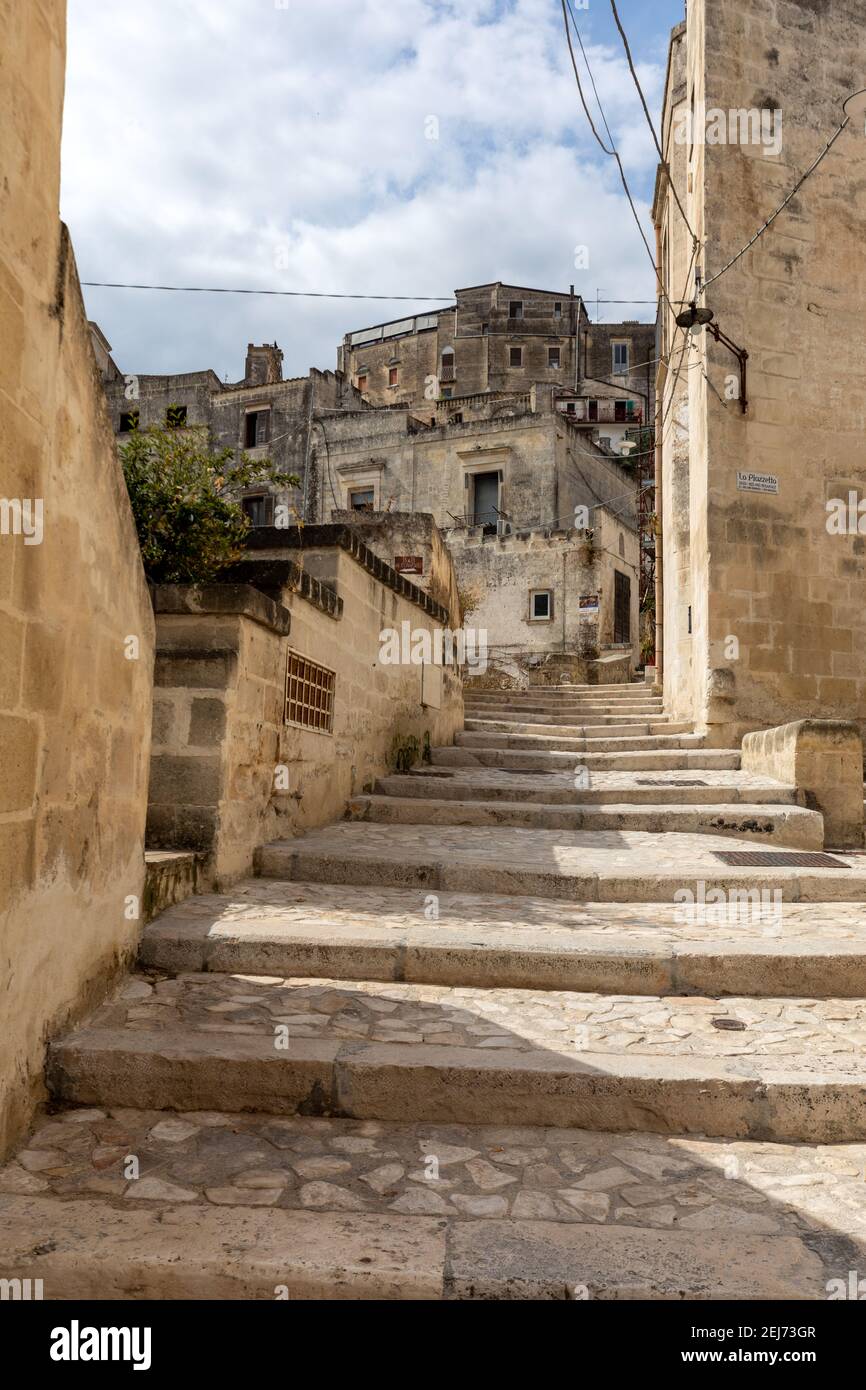 Matera, Italy - September 20, 2019: Typical cobbled stairs in a side ...