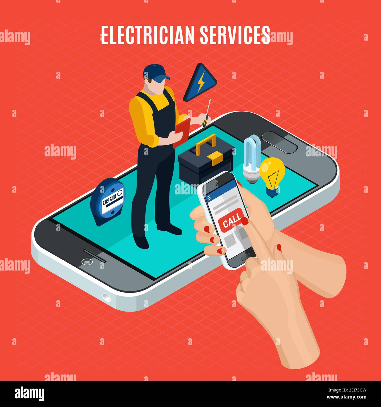 Electricity isometric red composition with electrician services ...