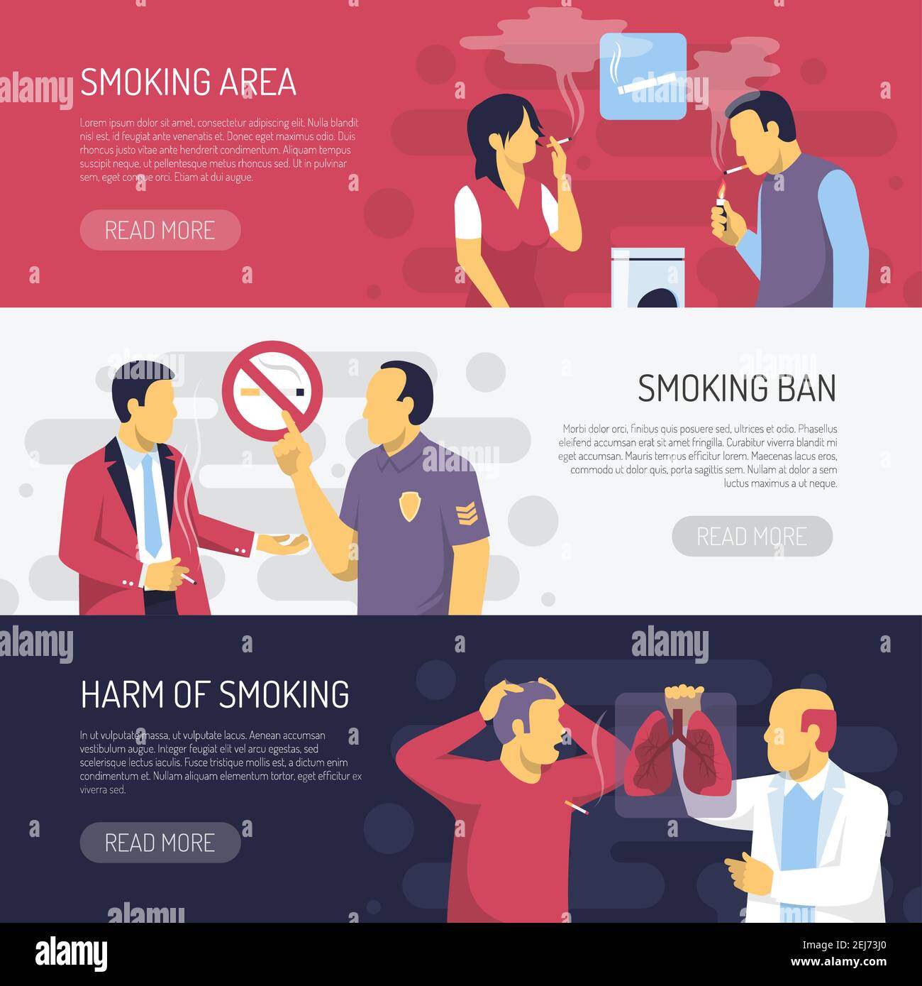 Smoking areas ban and tobacco health effects 3 horizontal colorful ...