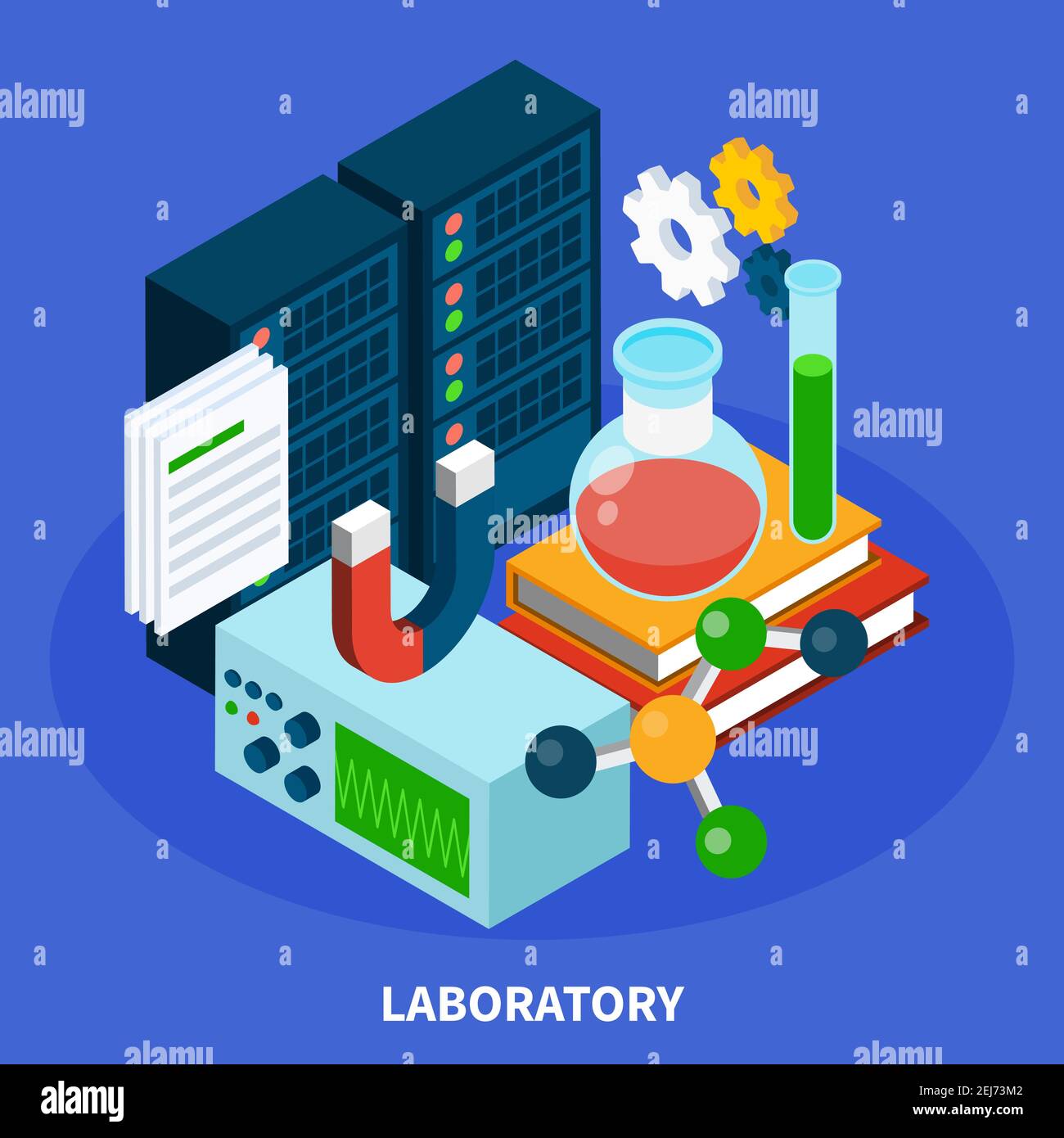Science isometric concept with laboratory symbols on blue background ...