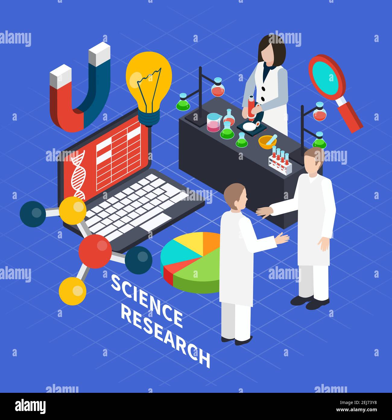 Science isometric concept with research symbols on blue background ...