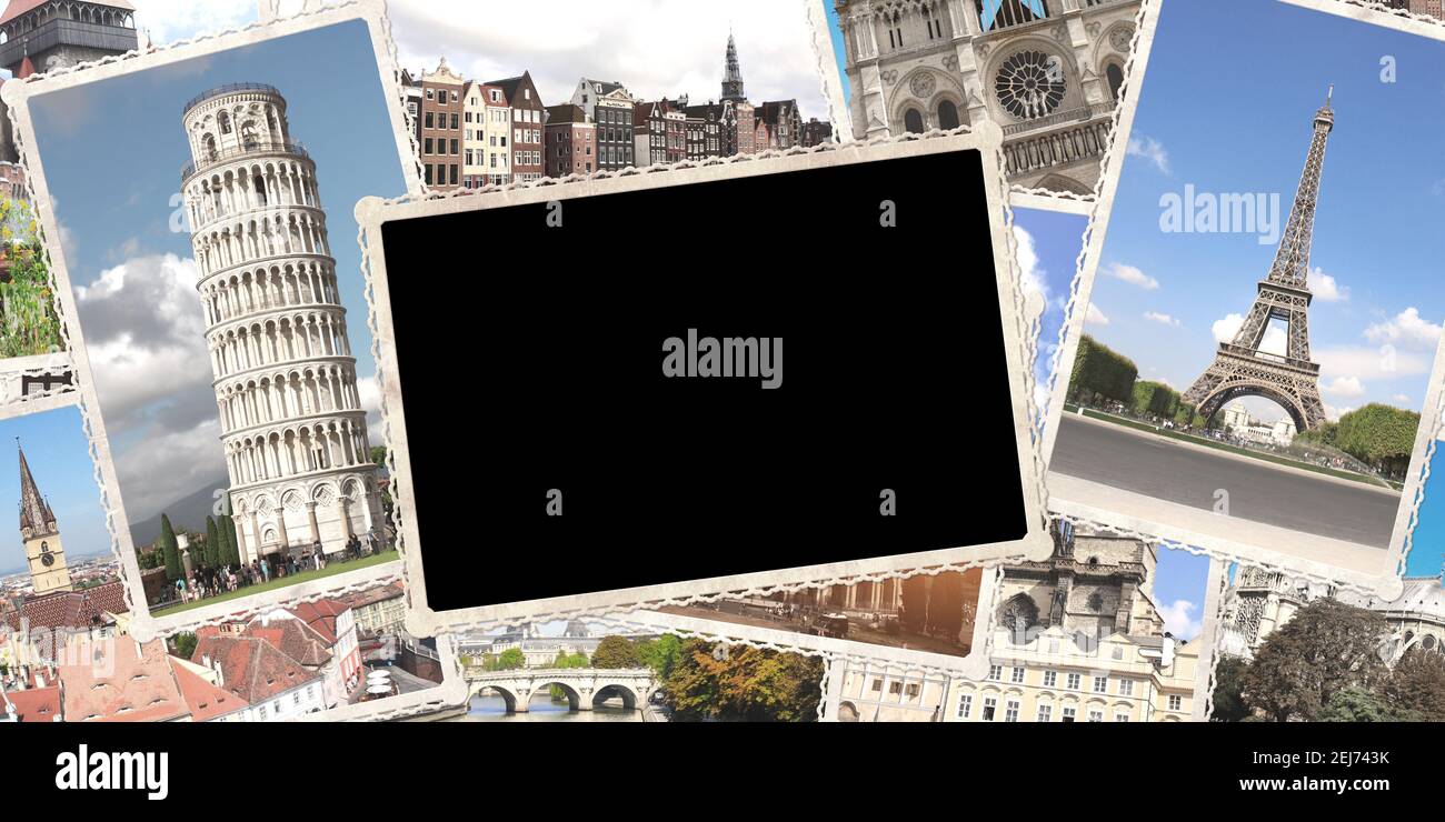 Vintage travel background with retro photos of european landmarks ...